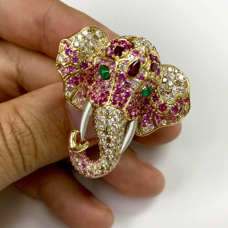 Ruby Diamond Emerald 18 Karat Yellow Gold Elephant Cocktail Ring For ...