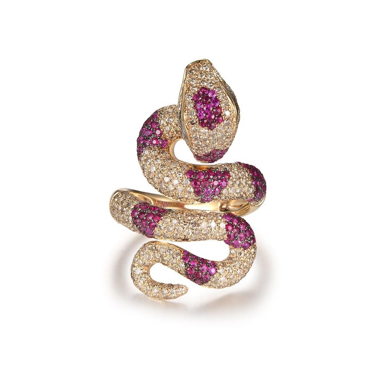 Ruby Diamond Emerald Snake Ring in 14 Karat Yellow Gold at 1stDibs