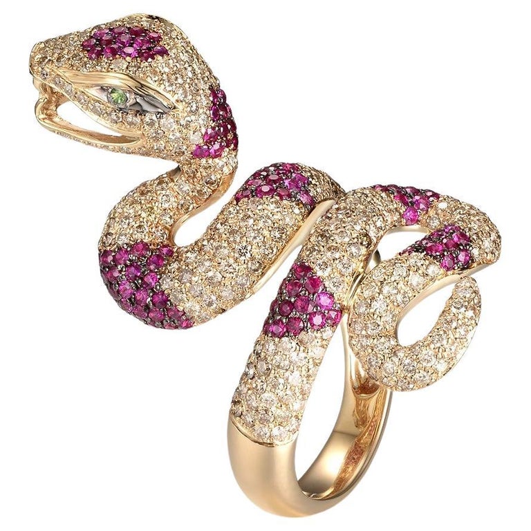 Ruby Diamond Emerald Snake Ring in 14 Karat Yellow Gold at 1stDibs