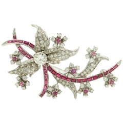 Ruby Diamond Gold Leaf Brooch Pin For Sale at 1stDibs