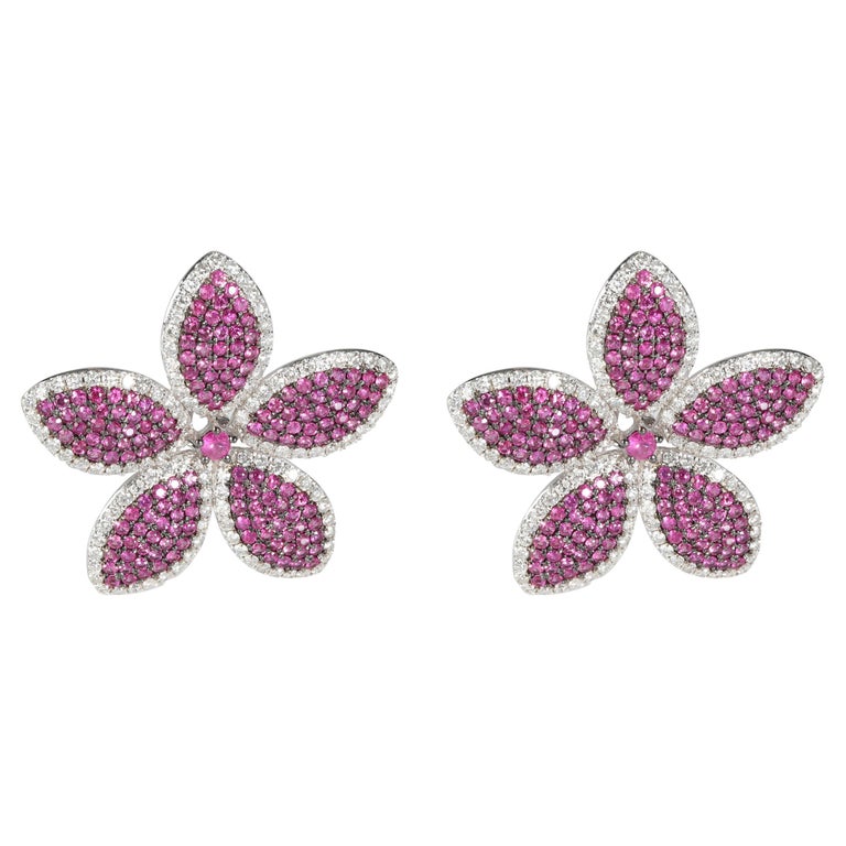 Ruby Diamond Flower Earrings in 18K White Gold 5.75 CTW For Sale at 1stDibs