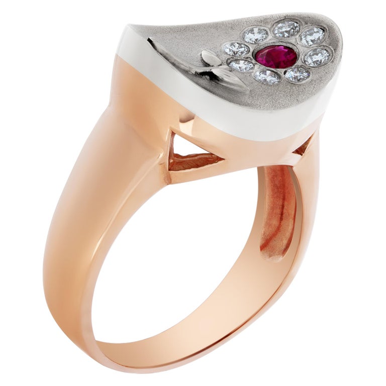 Ruby and Diamond Flower Ring in 14k Rose and White Gold For Sale at 1stDibs