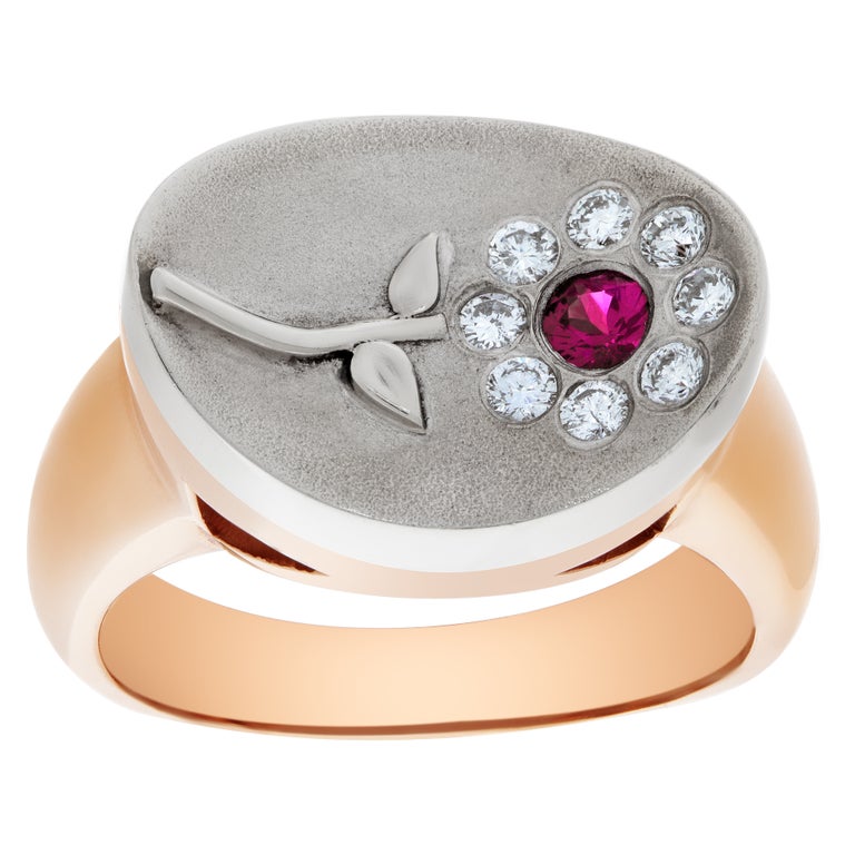 Ruby and Diamond Flower Ring in 14k Rose and White Gold For Sale at 1stDibs