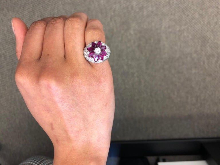 Ruby Diamond Flower Ring in Platinum 950 For Sale (Free Shipping) at ...