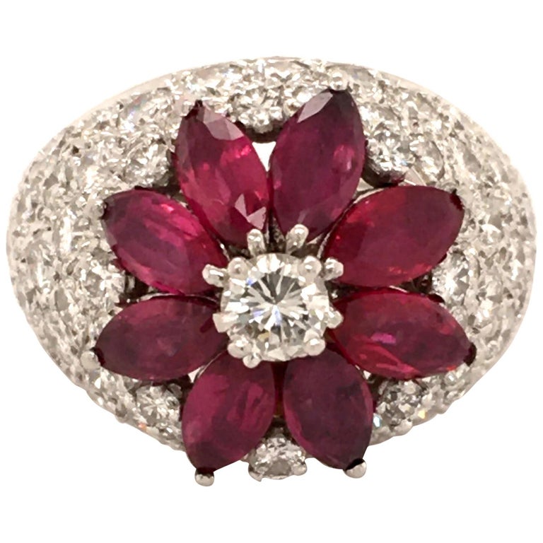 Ruby Diamond Flower Ring in Platinum 950 For Sale (Free Shipping) at ...