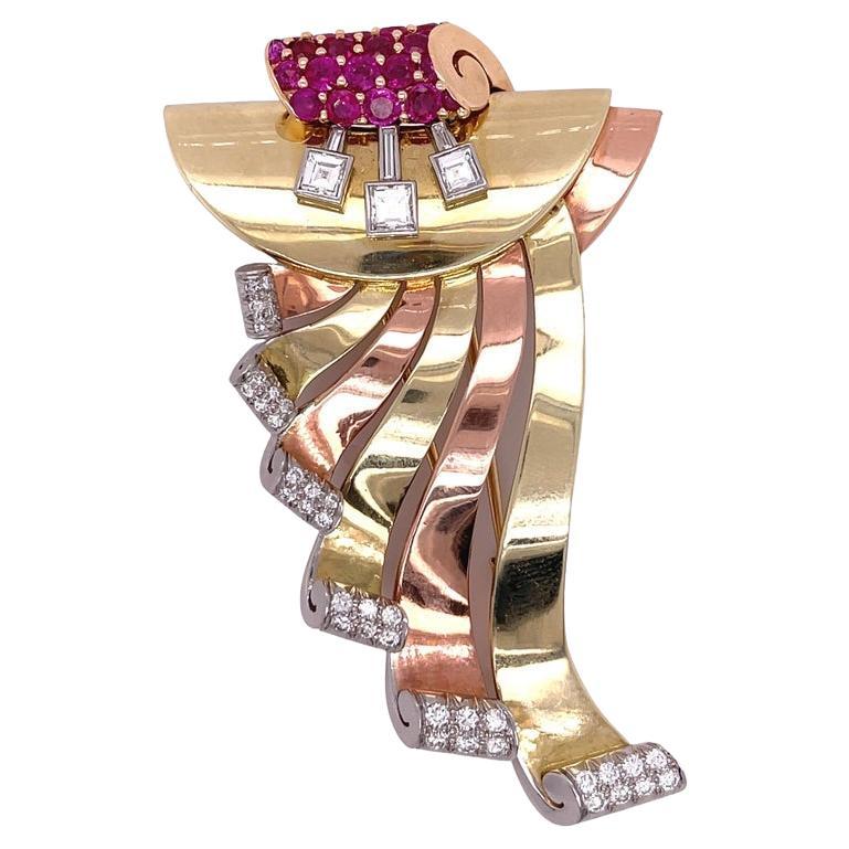 Ruby Diamond Gold Floral Brooch For Sale at 1stDibs