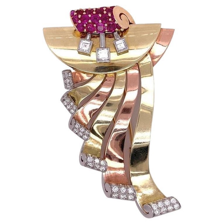 Ruby Diamond Gold Brooch For Sale at 1stDibs