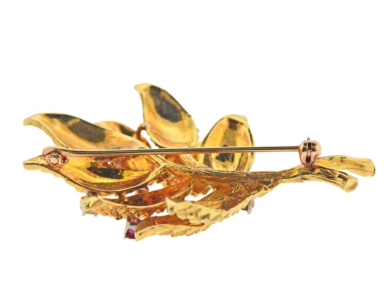 Ruby Diamond Gold Brooch Pin For Sale at 1stDibs