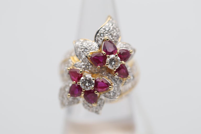 Ruby Diamond Gold Double-Flower Cocktail Ring For Sale at 1stDibs