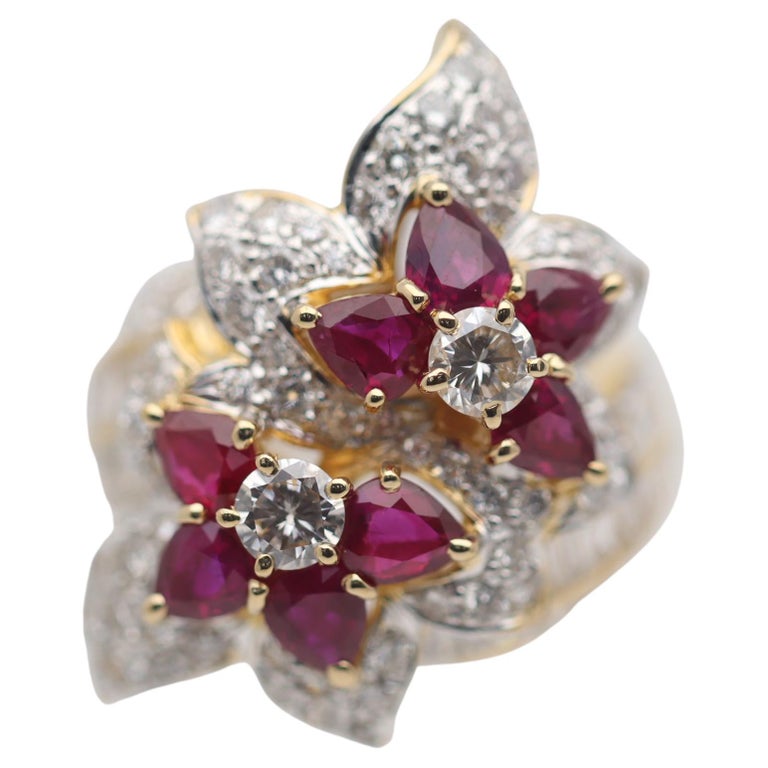 Ruby Diamond Gold Double-Flower Cocktail Ring For Sale at 1stDibs
