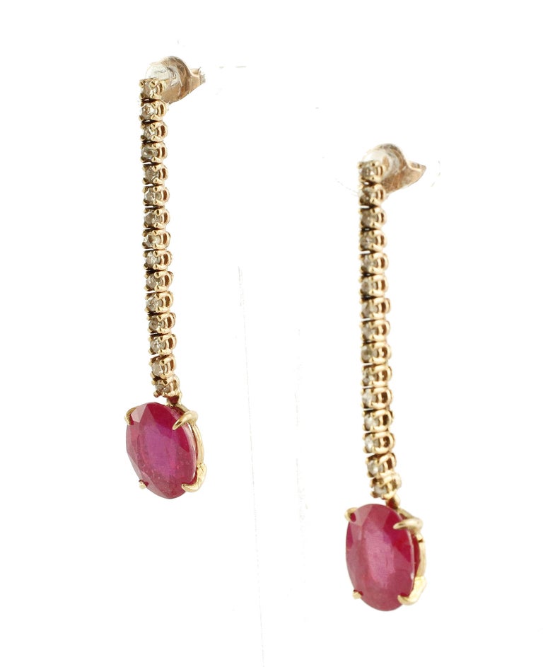 Ruby Diamond Gold Drop Earrings For Sale at 1stDibs