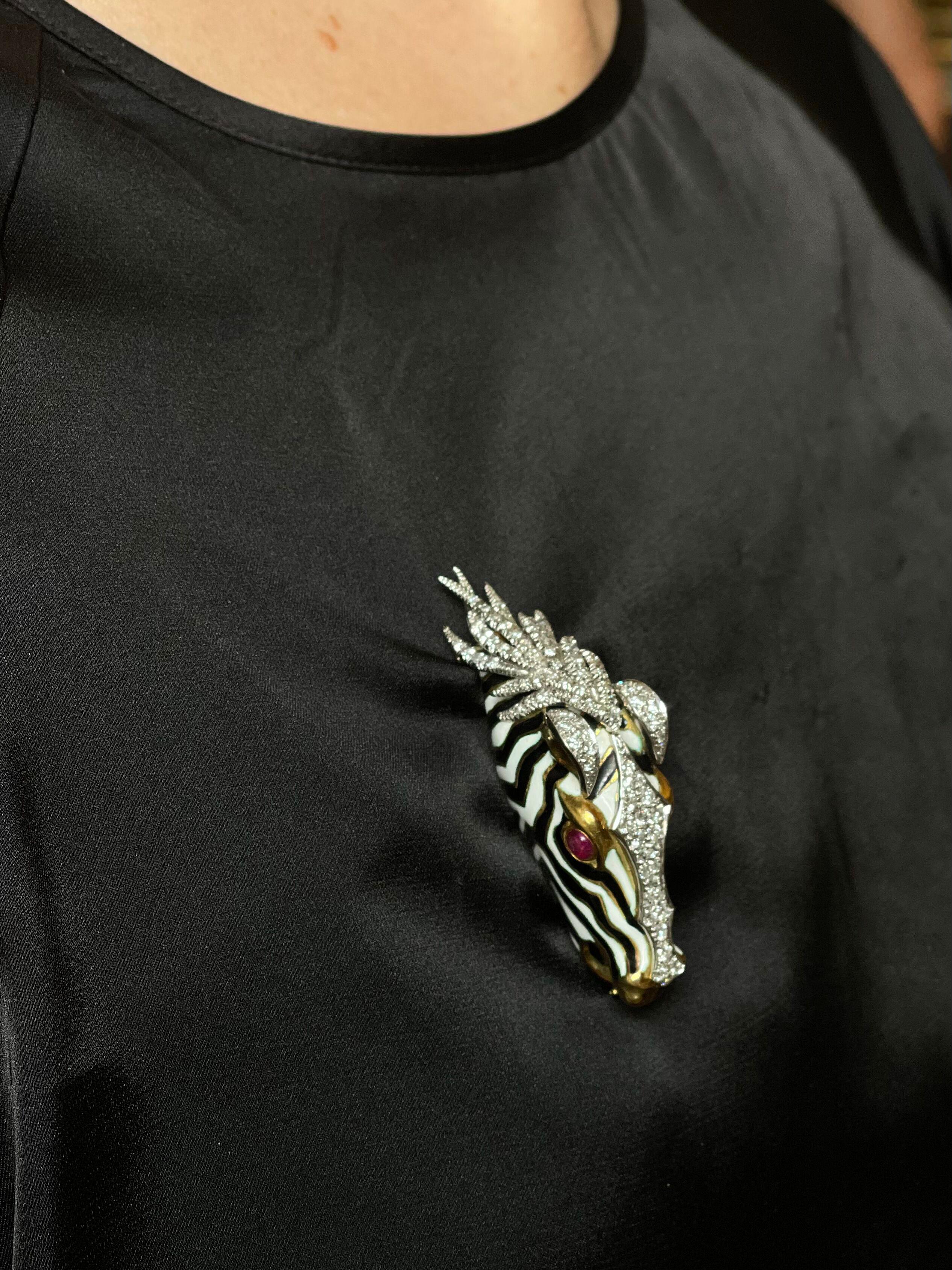 Ruby Diamond Gold Enamel Zebra Brooch For Sale at 1stDibs