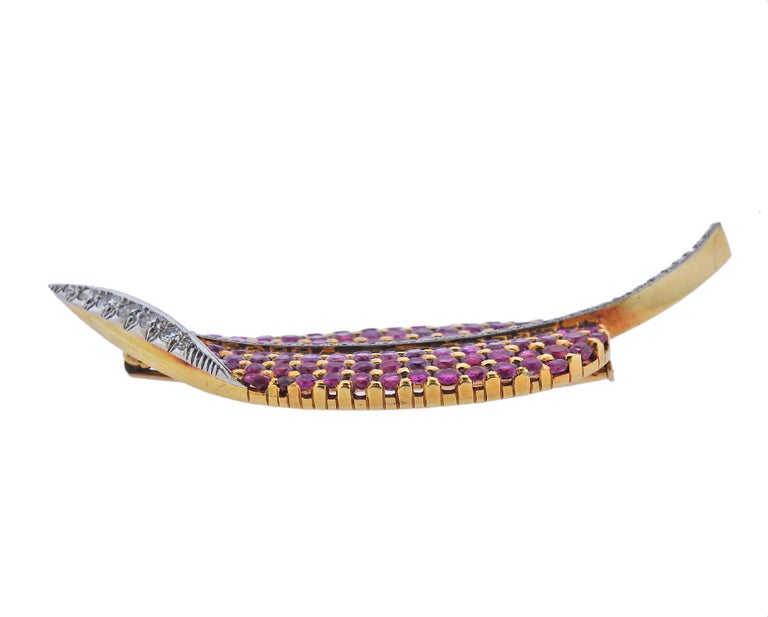 Ruby Diamond Gold Leaf Brooch Pin For Sale at 1stDibs