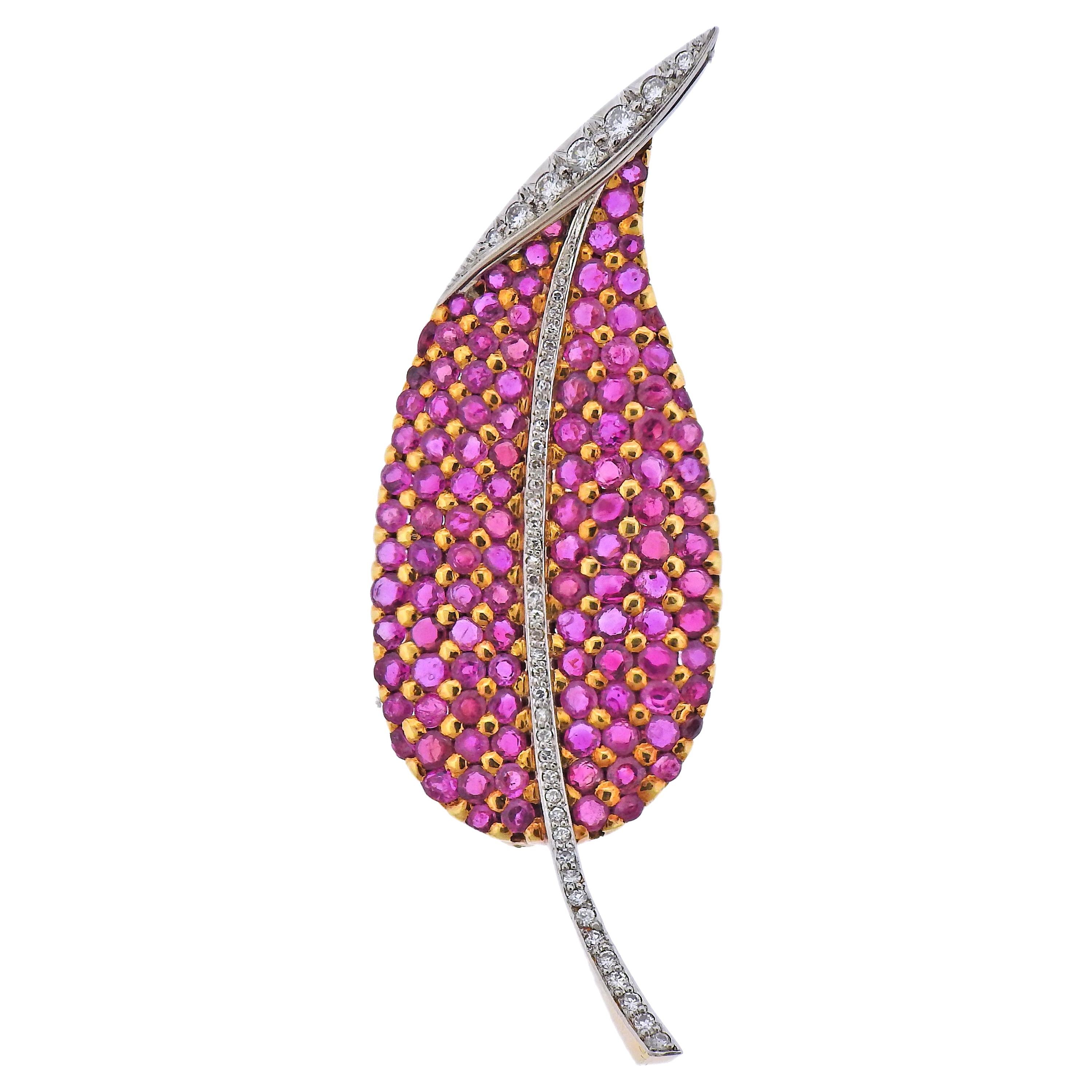 Ruby Diamond Gold Leaf Brooch Pin For Sale at 1stDibs