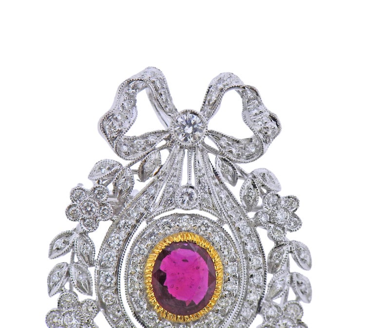 Ruby Diamond Gold Pendant Brooch For Sale at 1stDibs