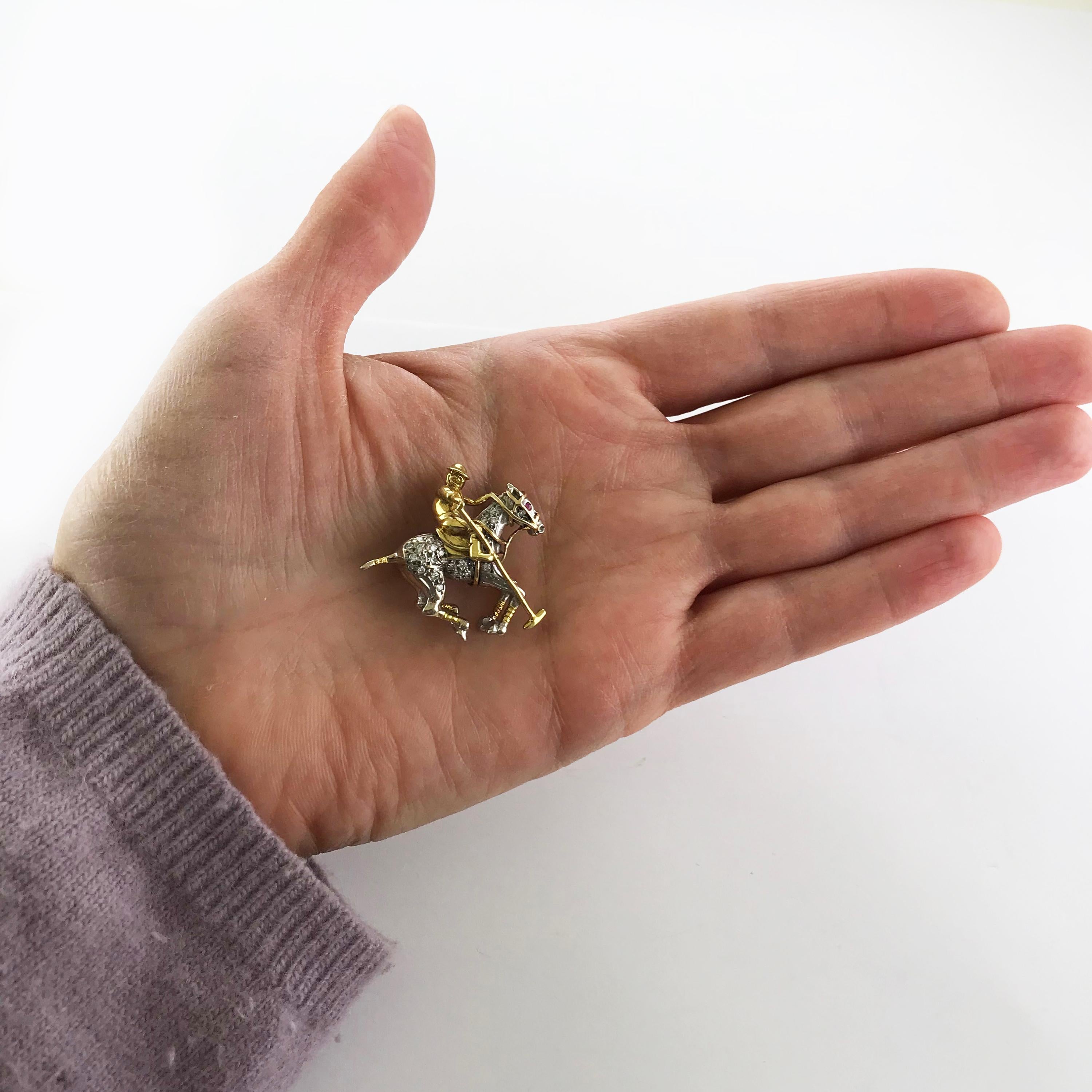 Ruby Diamond Gold Polo Player Brooch, circa 1960 For Sale at 1stDibs