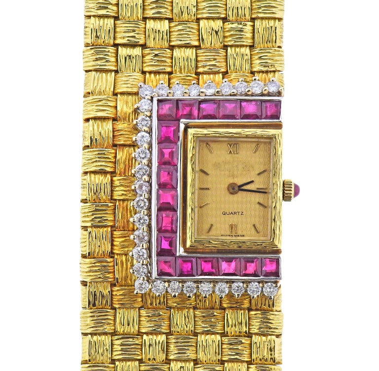 Ruby Diamond Gold Watch Bracelet For Sale at 1stDibs