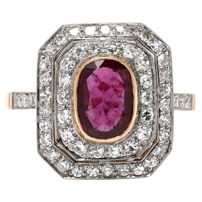 Ruby Diamond Halo Cocktail Ring, 18k Yellow White Gold, Ring, Oval Ruby ...