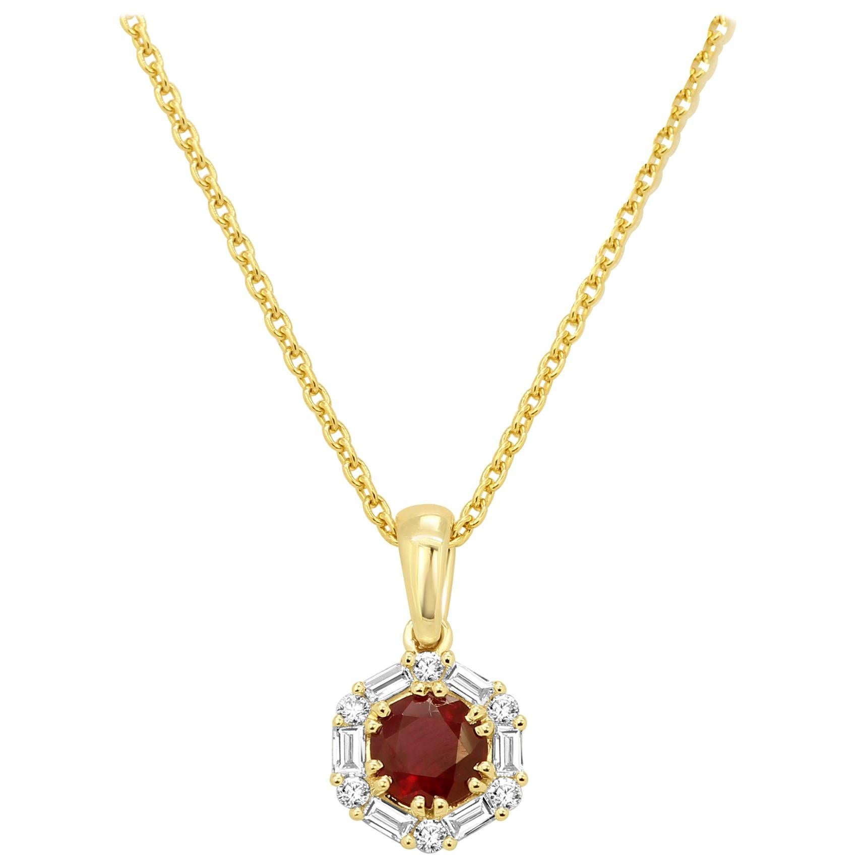 Ruby Diamond Halo Gold Drop Pendant Chain Necklace at 1stDibs