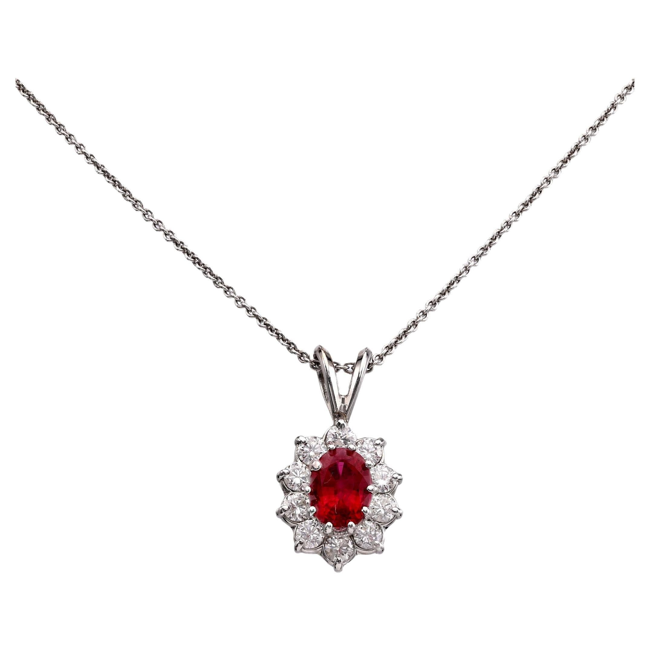 Ruby and Diamond Halo Pendant with Platinum Chain For Sale at 1stDibs