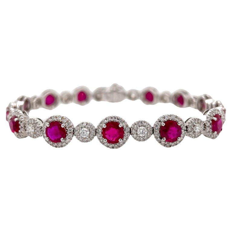 Ruby and Diamond Halo Style Bracelet in 18k White Gold For Sale at 1stDibs