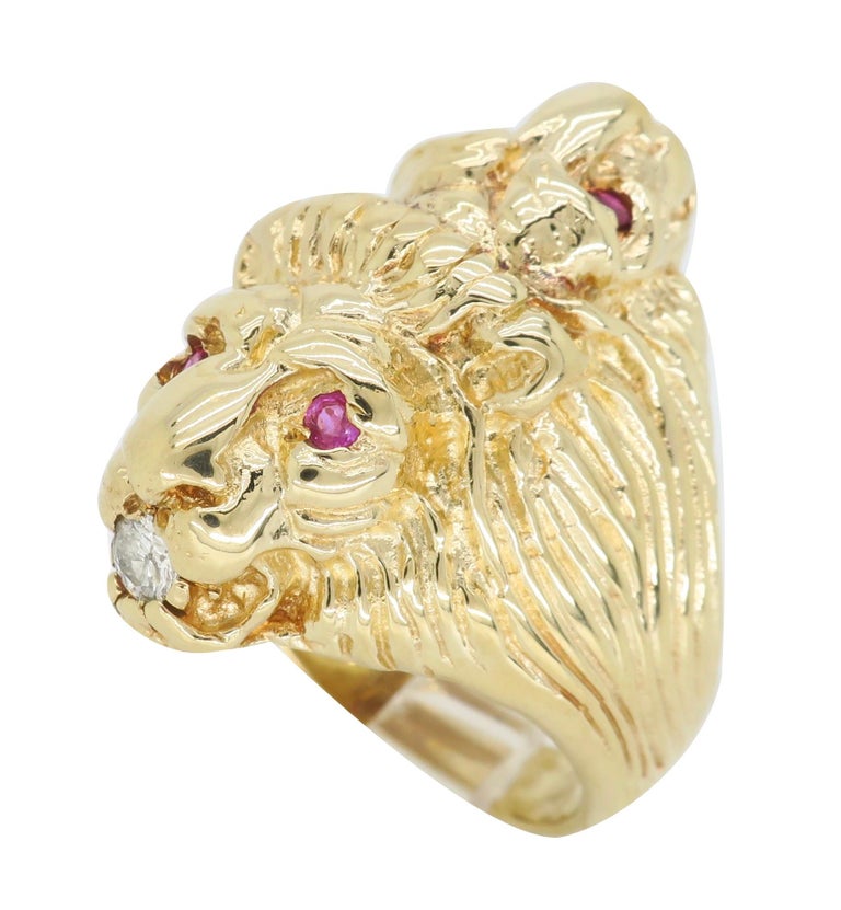 Ruby and Diamond Lion's Head Men's Ring For Sale at 1stDibs