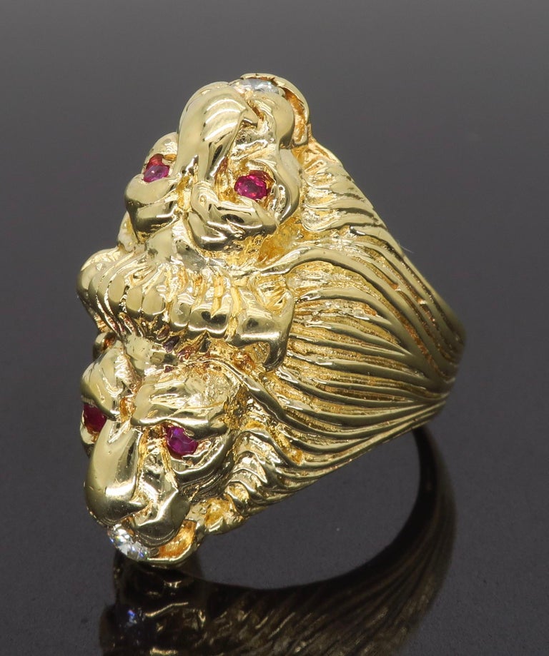 Ruby and Diamond Lion's Head Men's Ring For Sale at 1stDibs