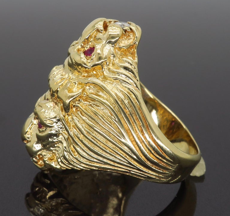 Ruby and Diamond Lion's Head Men's Ring For Sale at 1stDibs