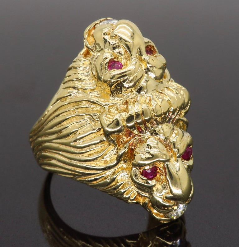 Ruby and Diamond Lion's Head Men's Ring For Sale at 1stDibs