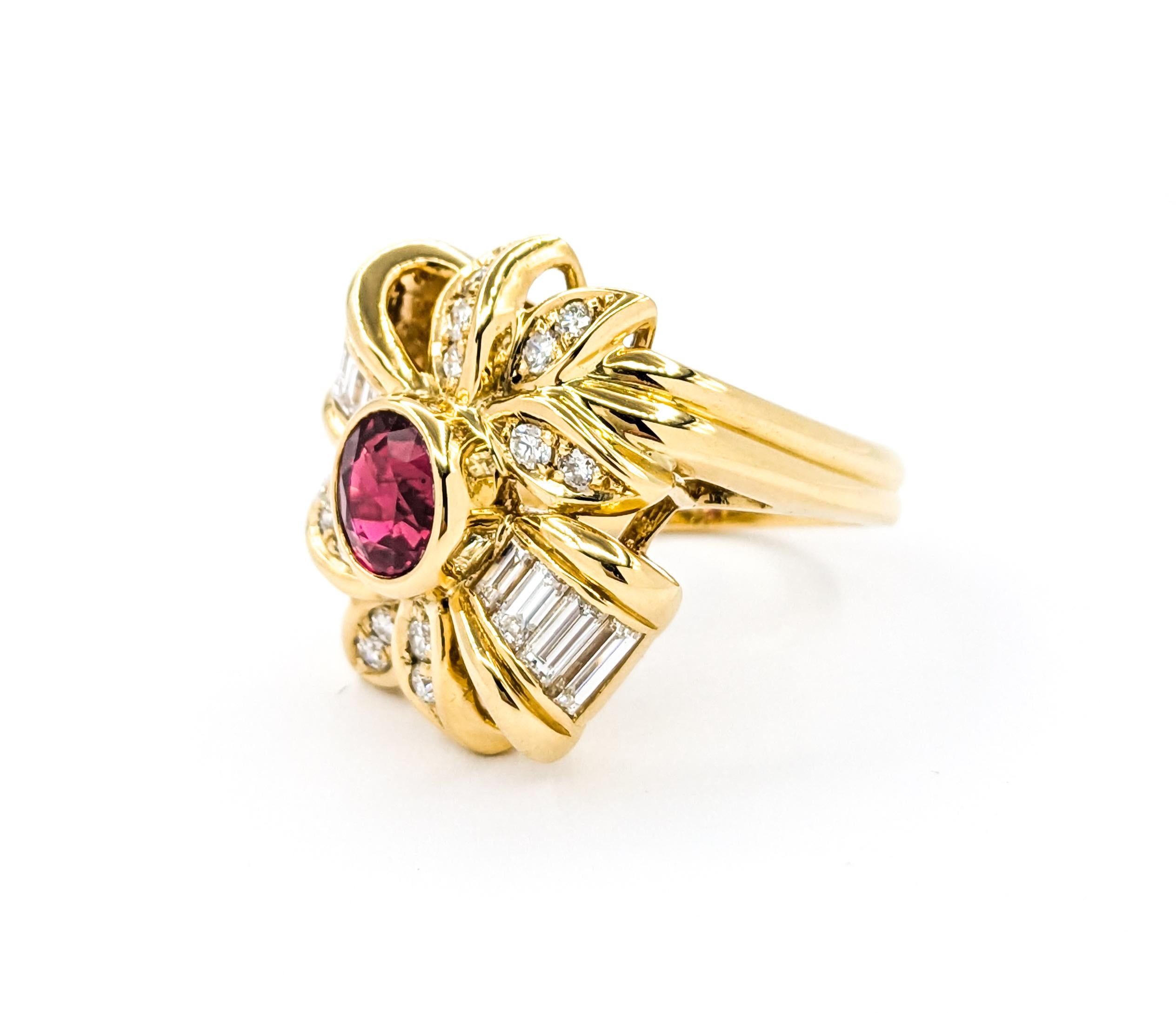 Ruby and Diamond Ribbon Design Ring in 18kt Yellow Gold For Sale at 1stDibs