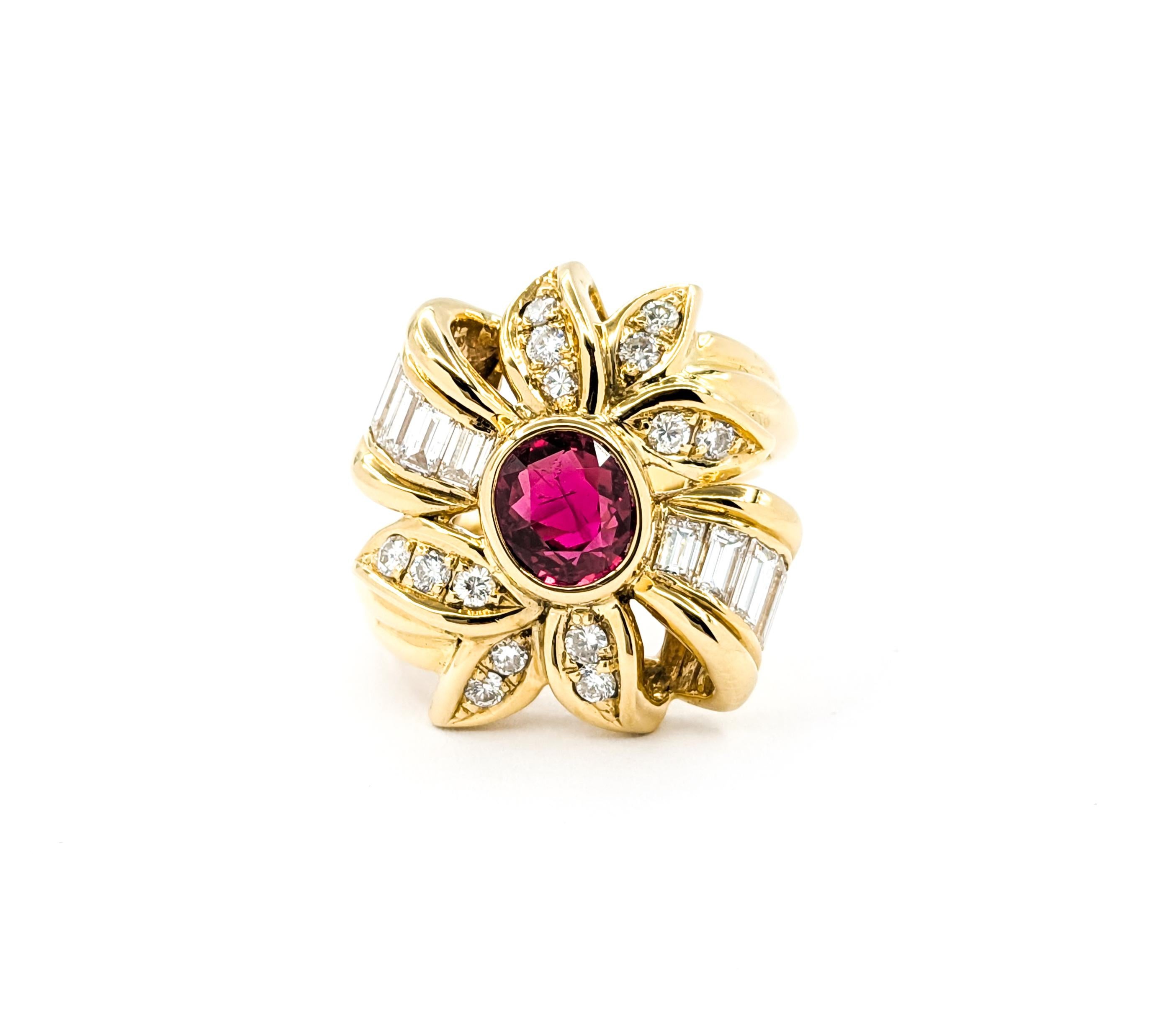 Ruby and Diamond Ribbon Design Ring in 18kt Yellow Gold For Sale at 1stDibs