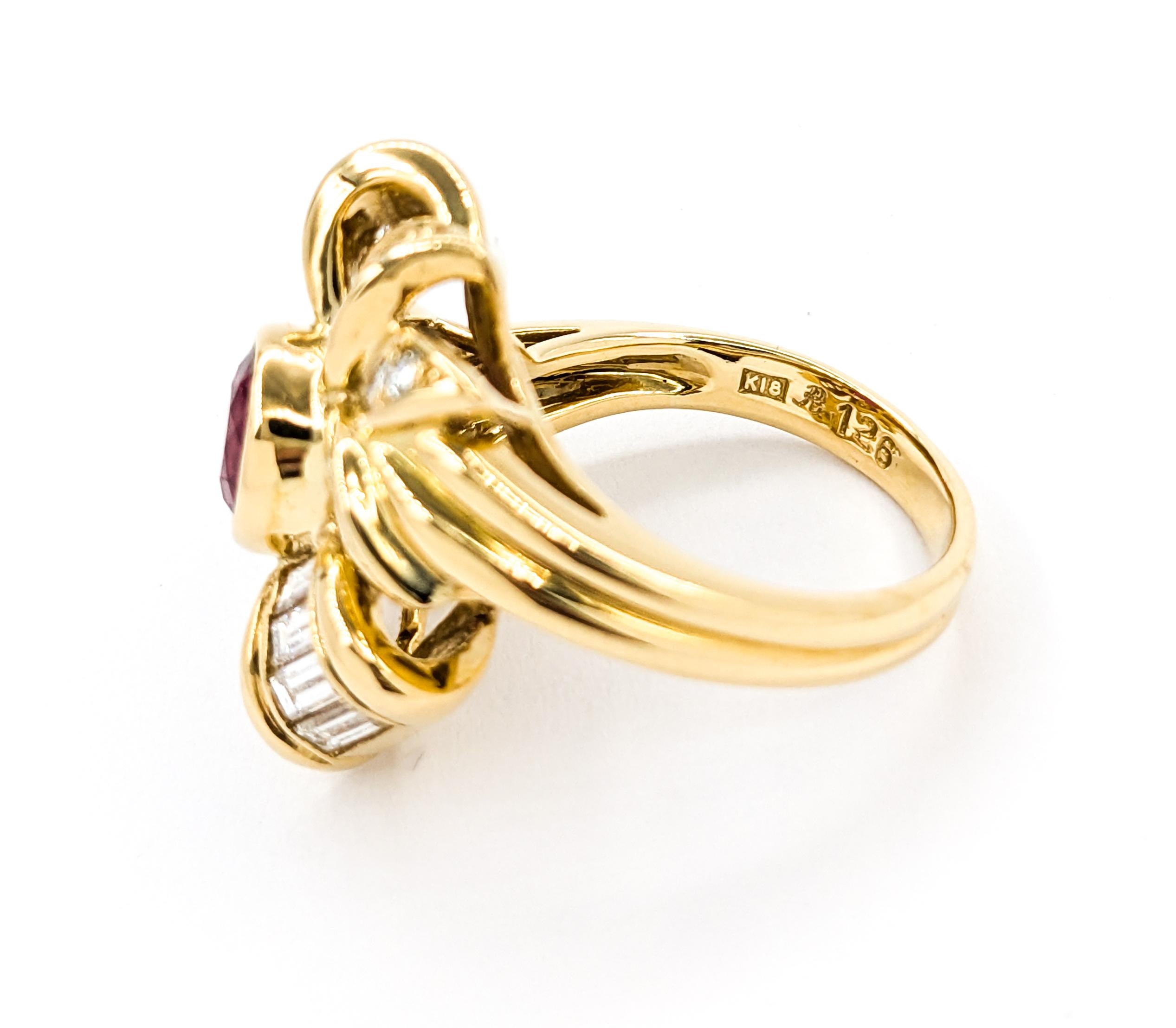 Ruby and Diamond Ribbon Design Ring in 18kt Yellow Gold For Sale at 1stDibs