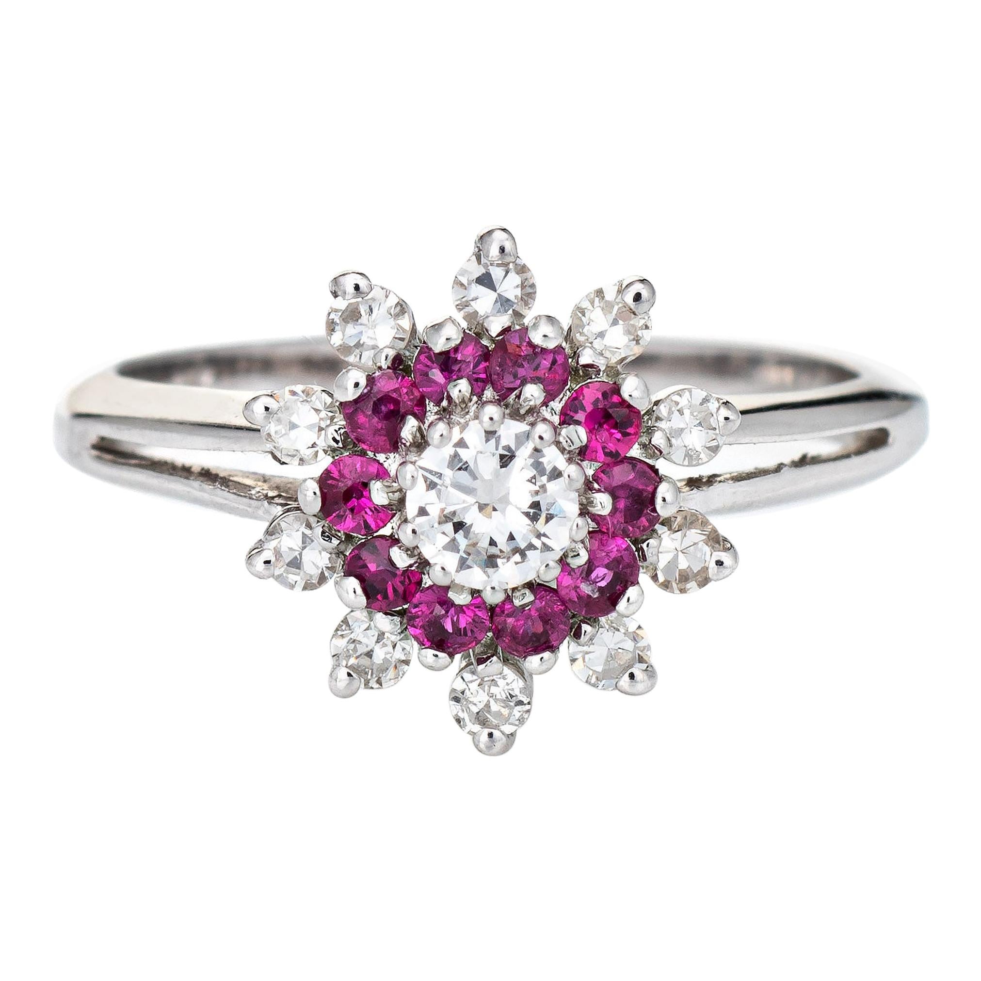 White Gold Ruby and Diamond Cluster Halo Cocktail Ring, 14k Round Cut 4 ...