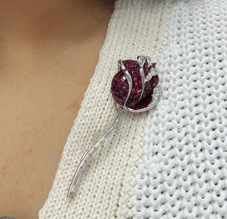 Ruby Diamond Rose Brooch For Sale at 1stDibs