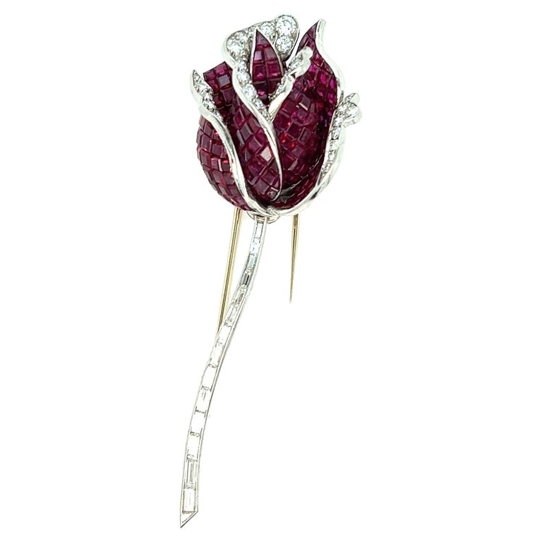 Ruby Diamond Rose Brooch For Sale at 1stDibs