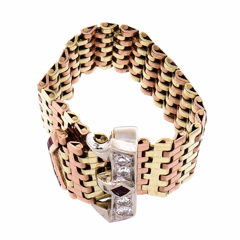 Ruby Diamond Rose Green White Gold Art Deco Adjustable Buckle Ring at ...