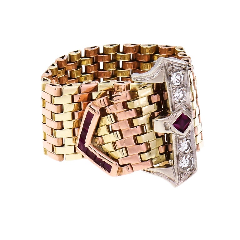 Ruby Diamond Rose Green White Gold Art Deco Adjustable Buckle Ring at ...