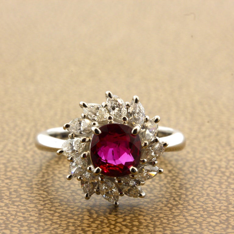 Ruby Diamond Sunburst Platinum Ring For Sale at 1stDibs