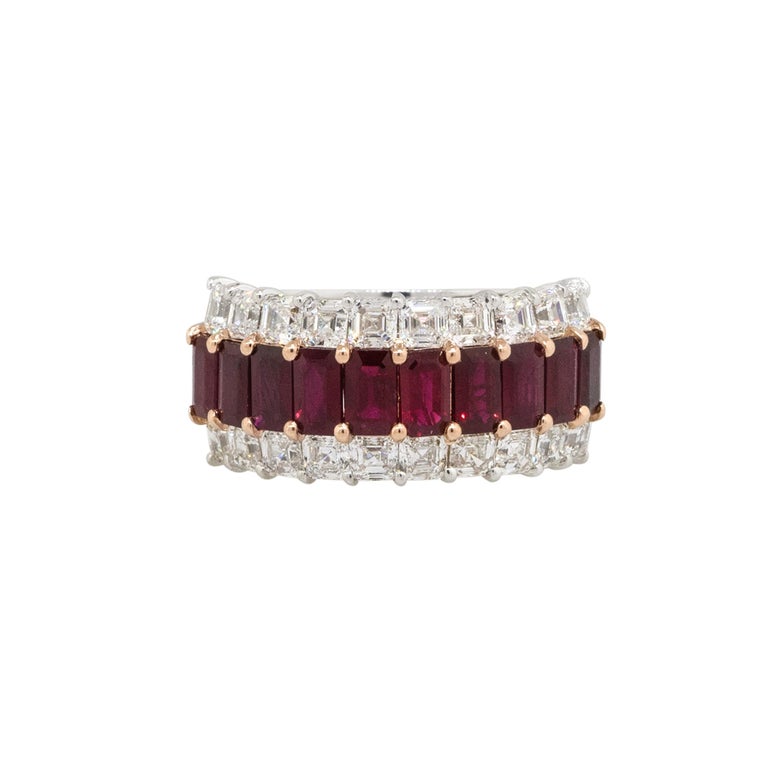 Ruby and Diamond Three Row Wide Ring 18 Karat in Stock For Sale at 1stDibs