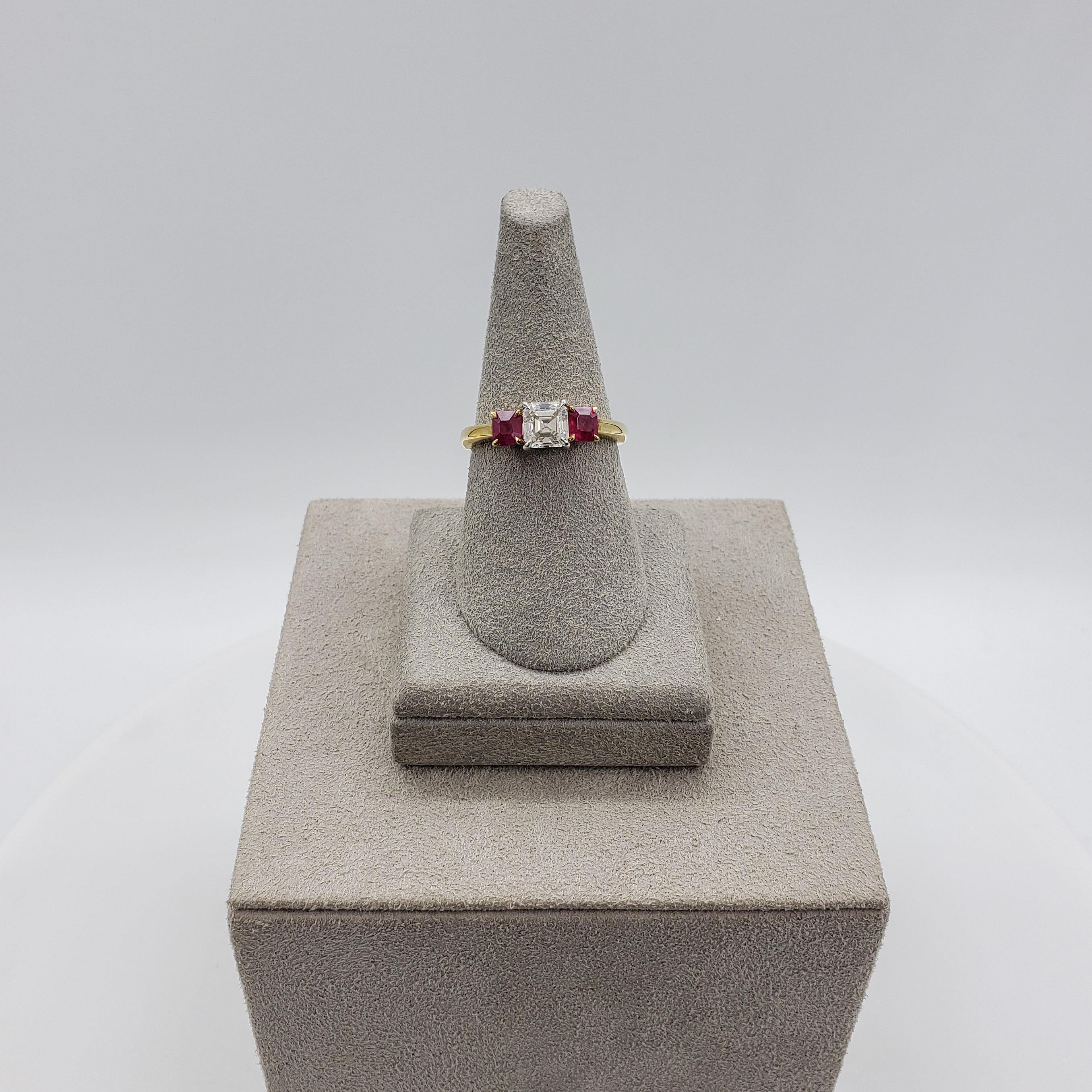 1.56 Carats Total Asscher Cut Diamond and Ruby Three-Stone Engagement Ring For Sale at 1stDibs ...