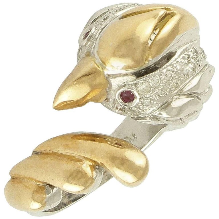 Ruby Diamond Yellow and White Gold Parrot Ring For Sale at 1stDibs