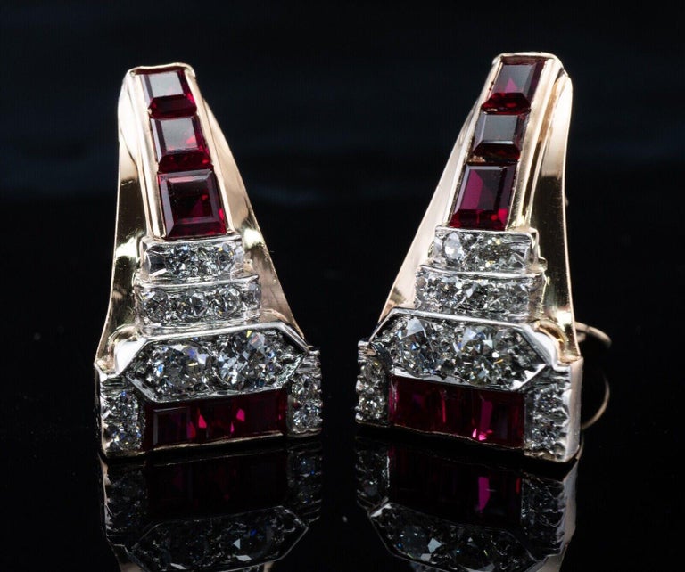 Ruby Diamonds Earrings 14K Gold Retro Vintage For Sale at 1stDibs
