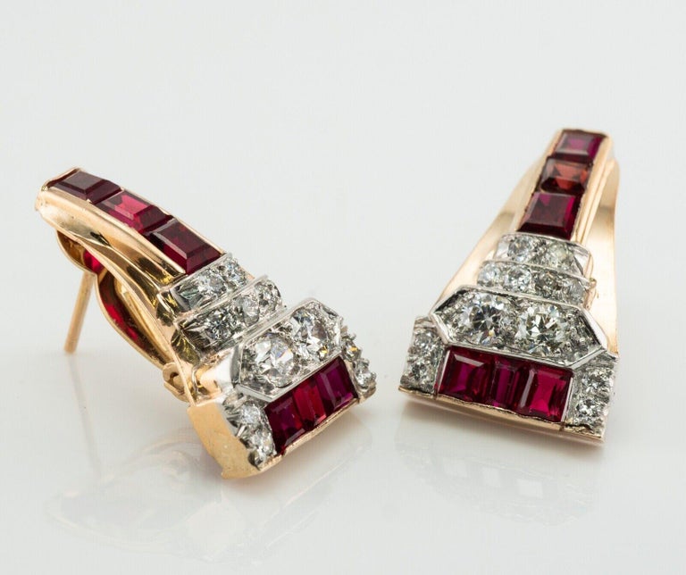 Ruby Diamonds Earrings 14K Gold Retro Vintage For Sale at 1stDibs