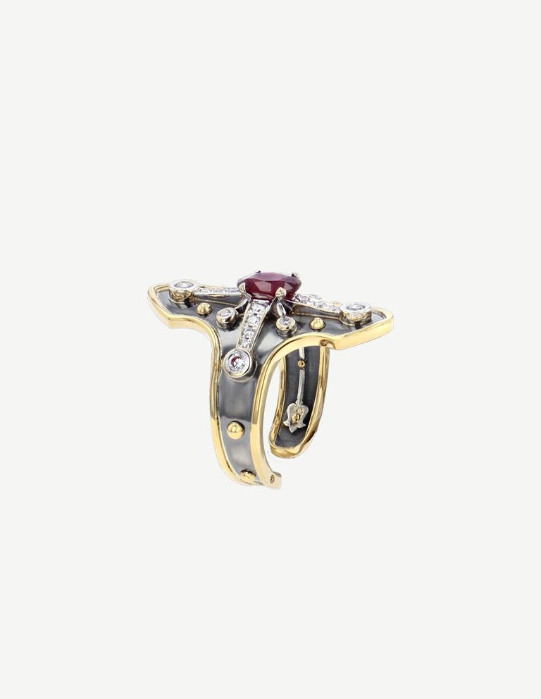 Ruby Diamonds Heaume Ring in 18k Yellow Gold and Patinated Silver by Elie Top For Sale at 1stDibs