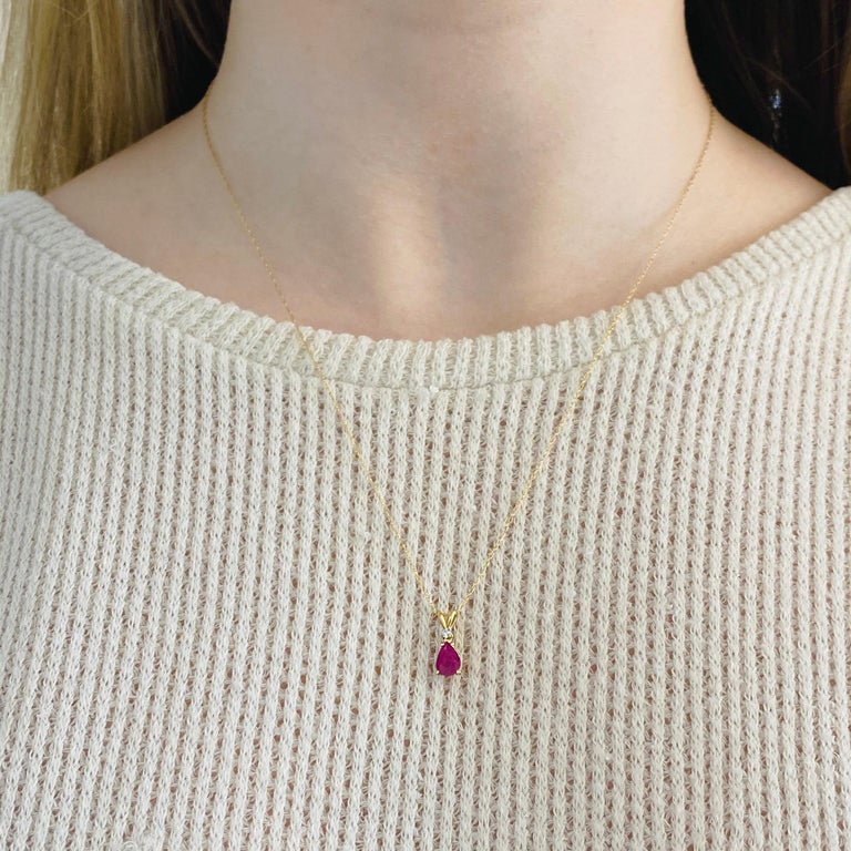Ruby Drop Pendant, Yellow Gold with Diamond w Gold Chain, Delicate Ruby ...