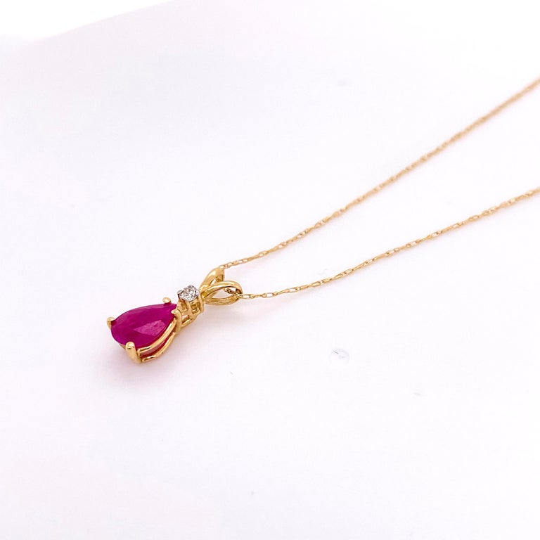 Ruby Drop Pendant, Yellow Gold with Diamond w Gold Chain, Delicate Ruby ...
