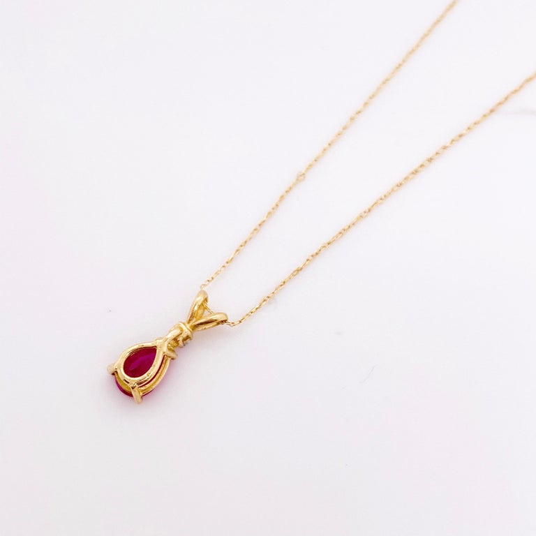 Ruby Drop Pendant, Yellow Gold with Diamond w Gold Chain, Delicate Ruby ...