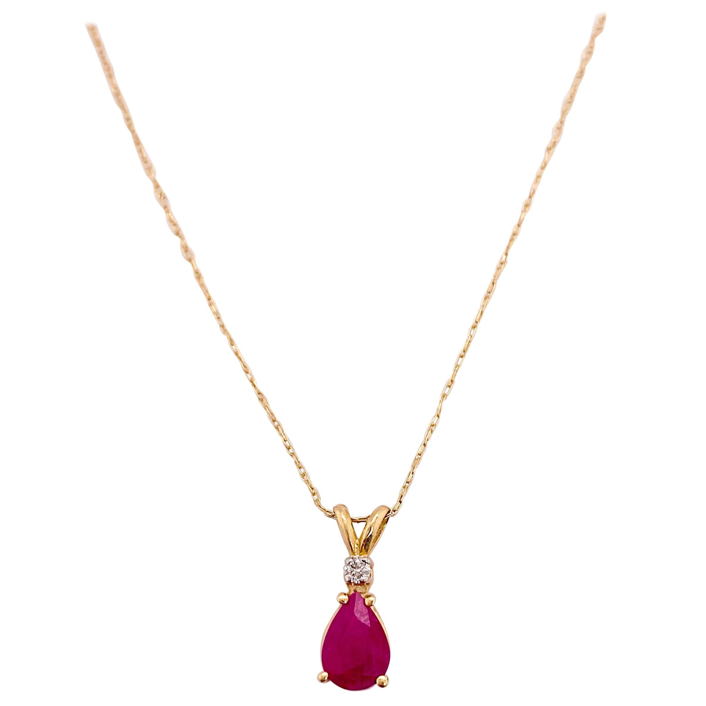 Ruby Drop Pendant, Yellow Gold with Diamond w Gold Chain, Delicate Ruby ...