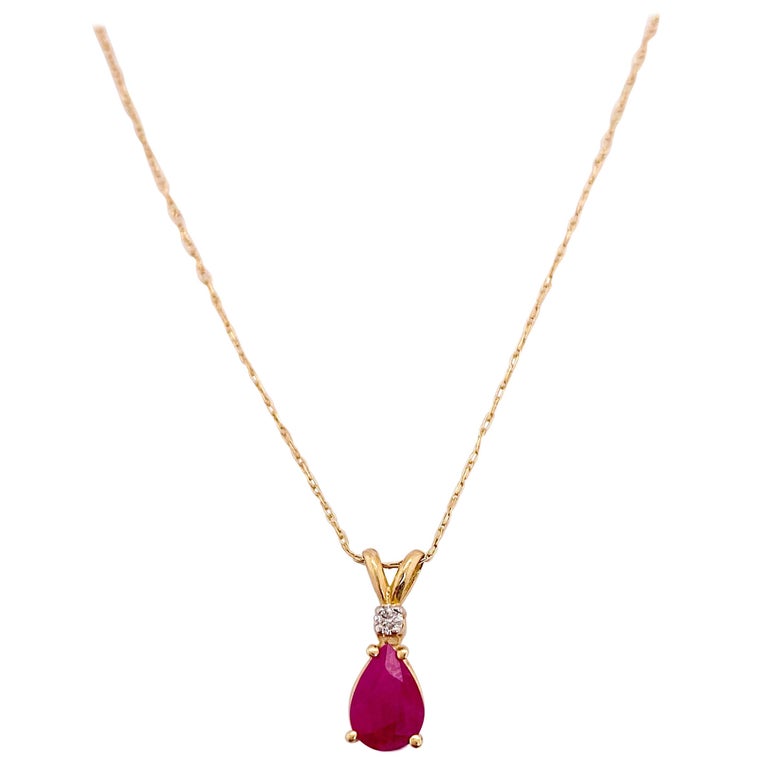Ruby Drop Pendant, Yellow Gold with Diamond w Gold Chain, Delicate Ruby ...