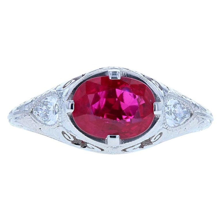 Ruby Edwardian Engagement Ring with Engraving and Pear Shaped Diamonds 'GIA' For Sale at 1stDibs